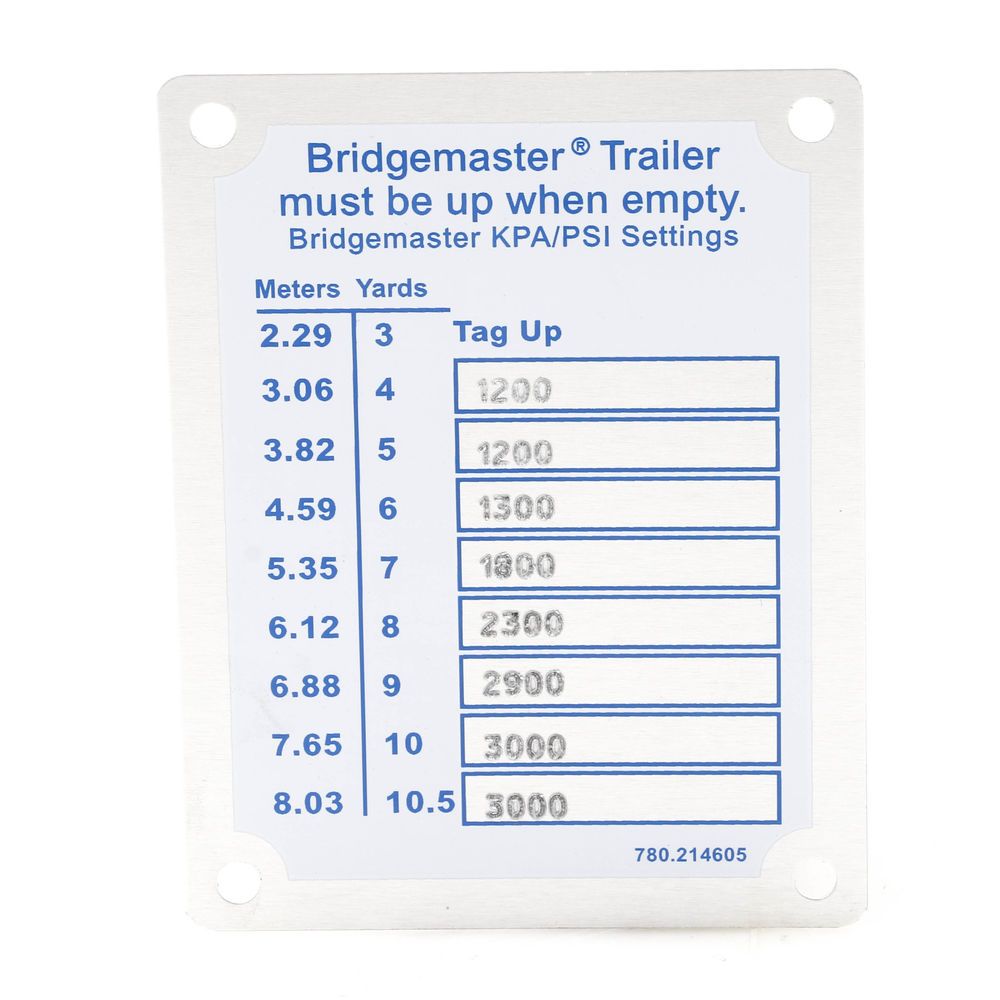 MPParts | McNeilus 214605 Bridgemaster 10.5 Yard Pressure Placard | 214605