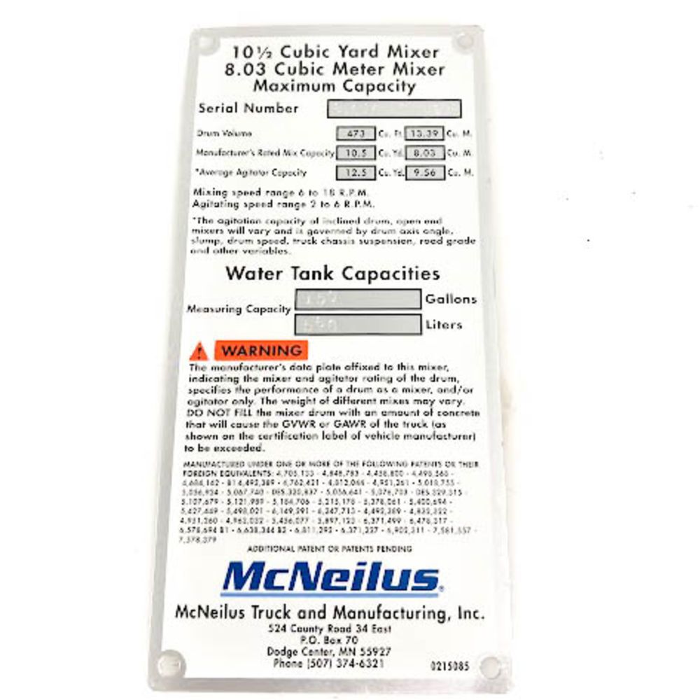 MPParts | McNeilus 215085 10.5 Yard Mixer Data Placard | 215085